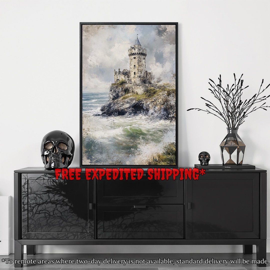 Coastal Castle Tower Framed Canvas Wall Art Rocky Cliffs Painting Print ...