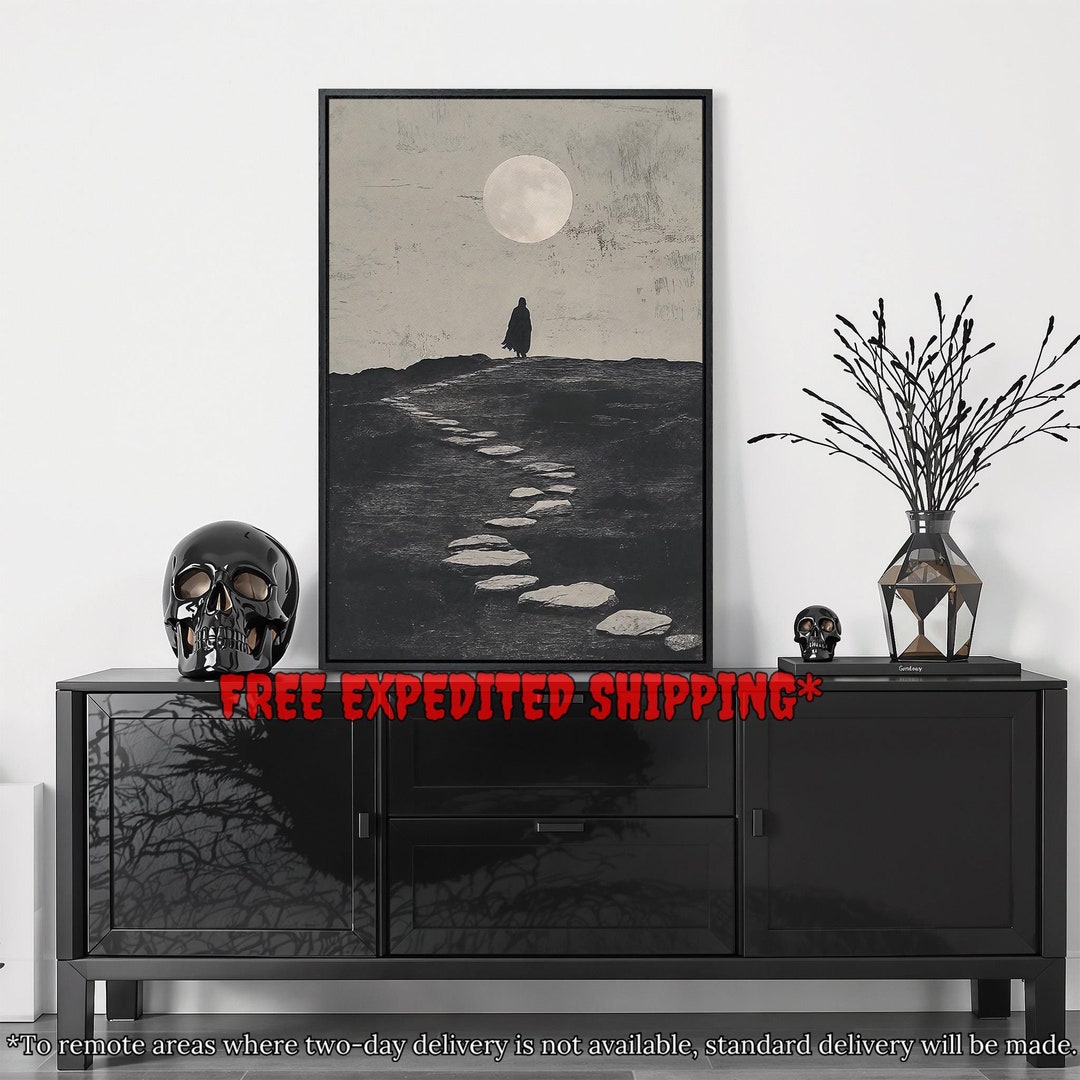 Lone Dark Figure Framed Canvas Wall Art Moonlit Gothic Path Painting ...