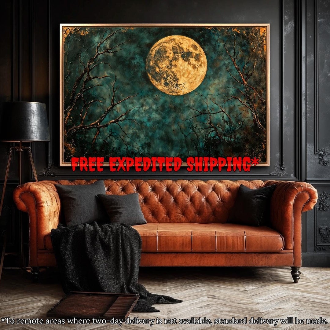 Gothic Full Moon Framed Canvas Wall Art Spooky Dark Night Sky Painting ...