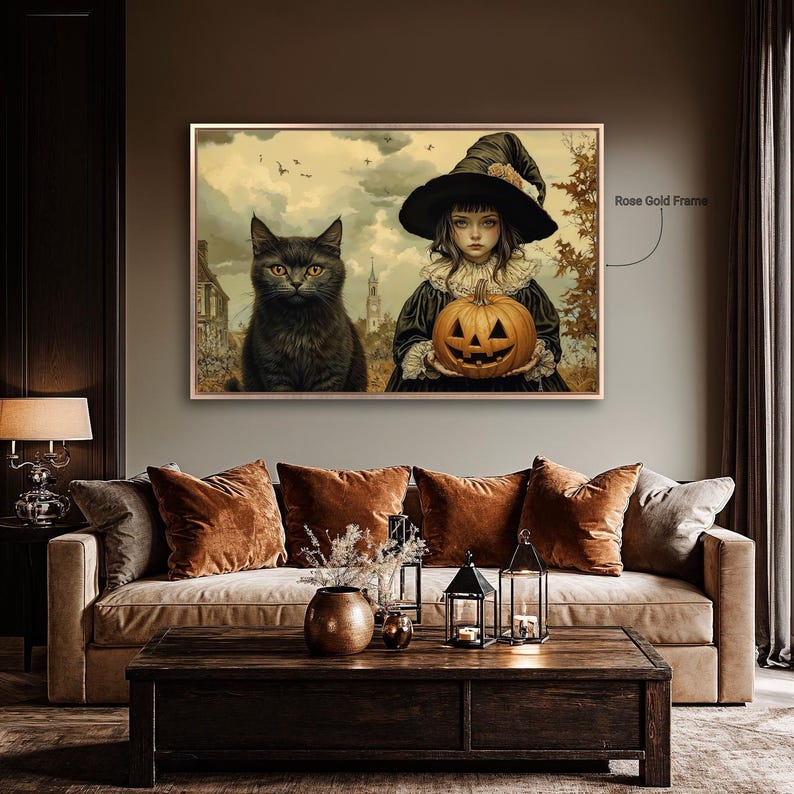 Halloween Witch and Black Cat Framed Canvas Wall Art Eerie Pumpkin ...