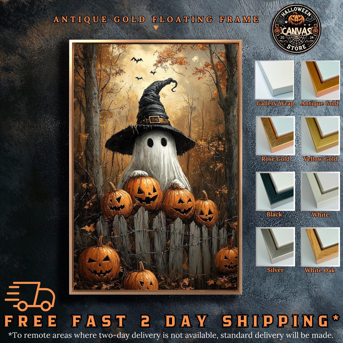 Ghost Wearing Witch Hat Framed Canvas Wall Art Spooky Pumpkin Patch ...