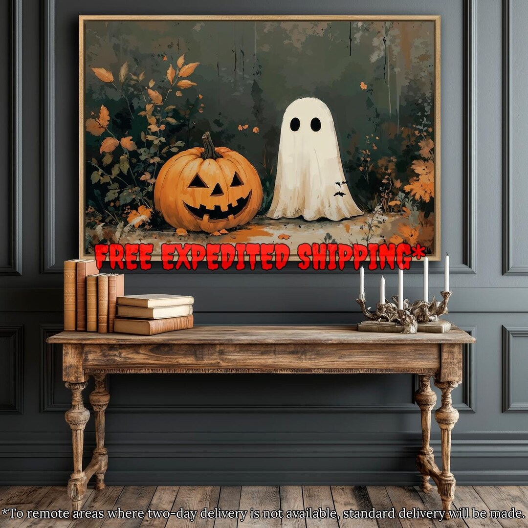 Adorable Ghost and Pumpkin Framed Canvas Wall Art Spooky Autumn Print ...