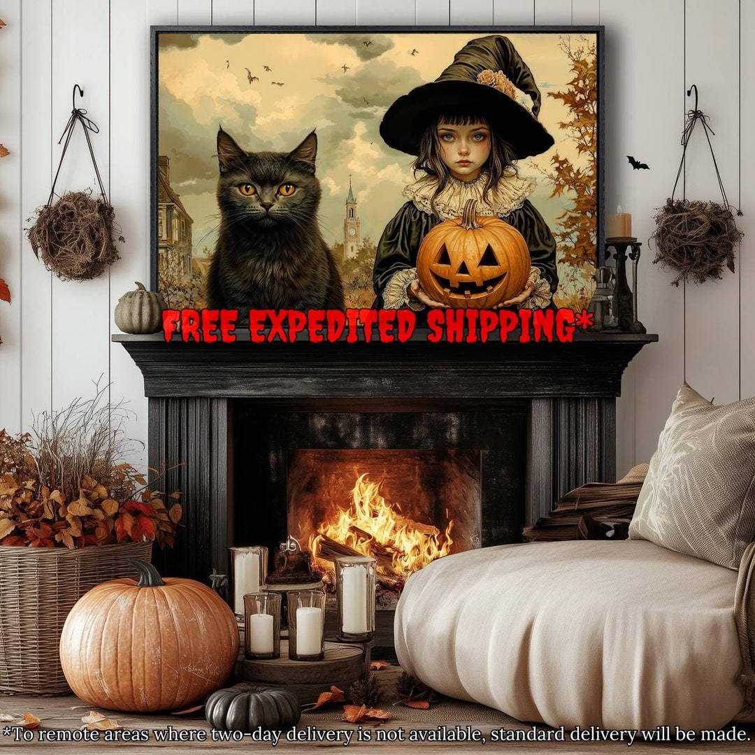 Halloween Witch and Black Cat Framed Canvas Wall Art Eerie Pumpkin ...