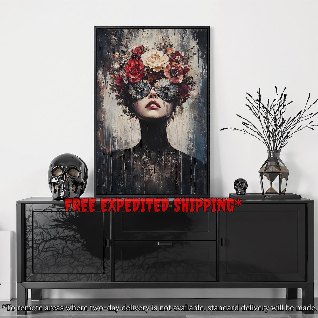 Creepy Woman With Flower Head Framed Canvas Wall Art Macabre Floral ...