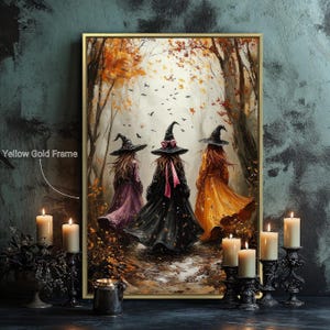 Three Witches in Autumnal Forest Framed Canvas Wall Art Spooky Fall ...