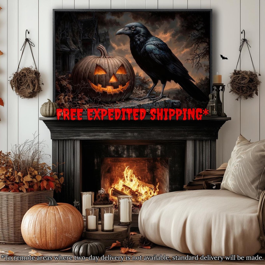 Black Raven With Jack O Lantern Framed Canvas Wall Art Horror Halloween ...
