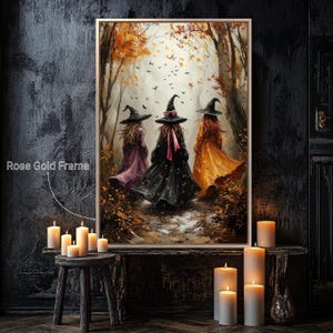 Three Witches in Autumnal Forest Framed Canvas Wall Art Spooky Fall ...