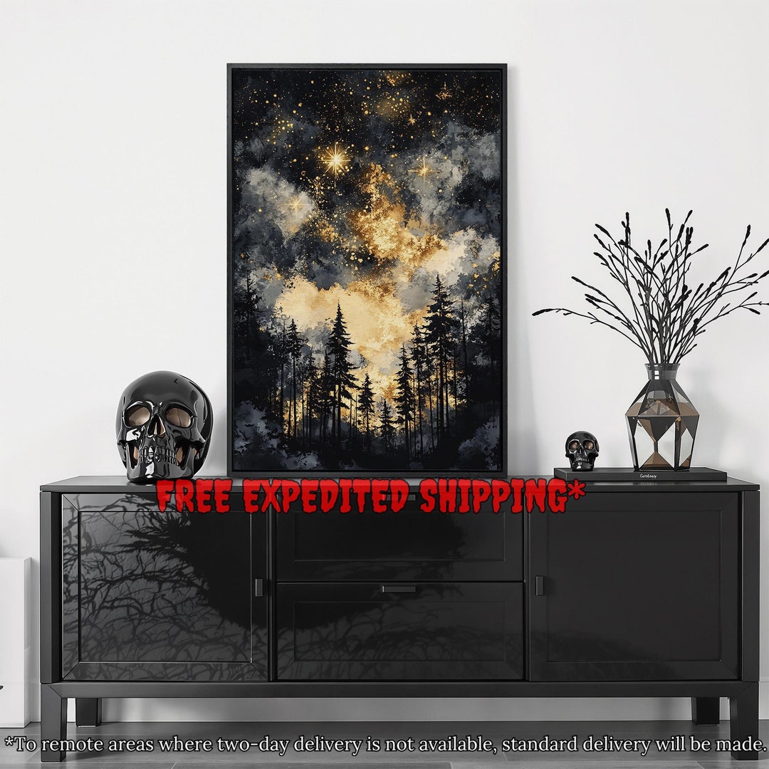 Enchanted Starry Sky in Gothic Forest Print, Mystical Night Landscape ...