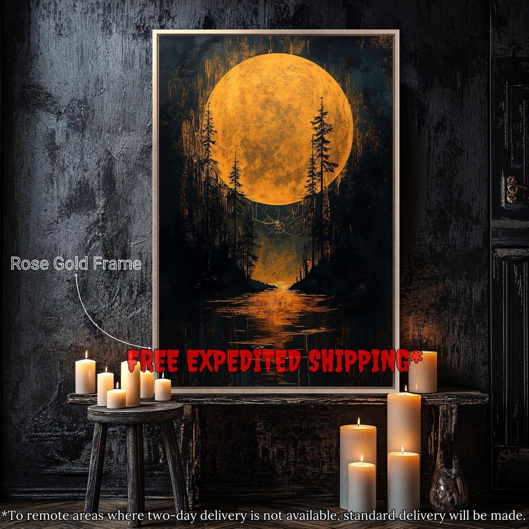 Spooky Full Moon Framed Canvas Wall Art Gothic Night Landscape Painting ...