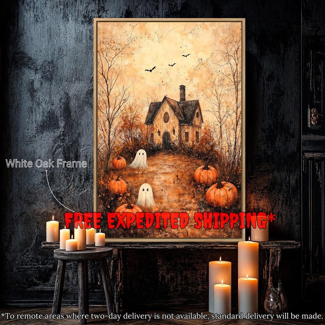 Rustic Haunted House Framed Canvas Wall Art Ghosts and Pumpkins Print ...