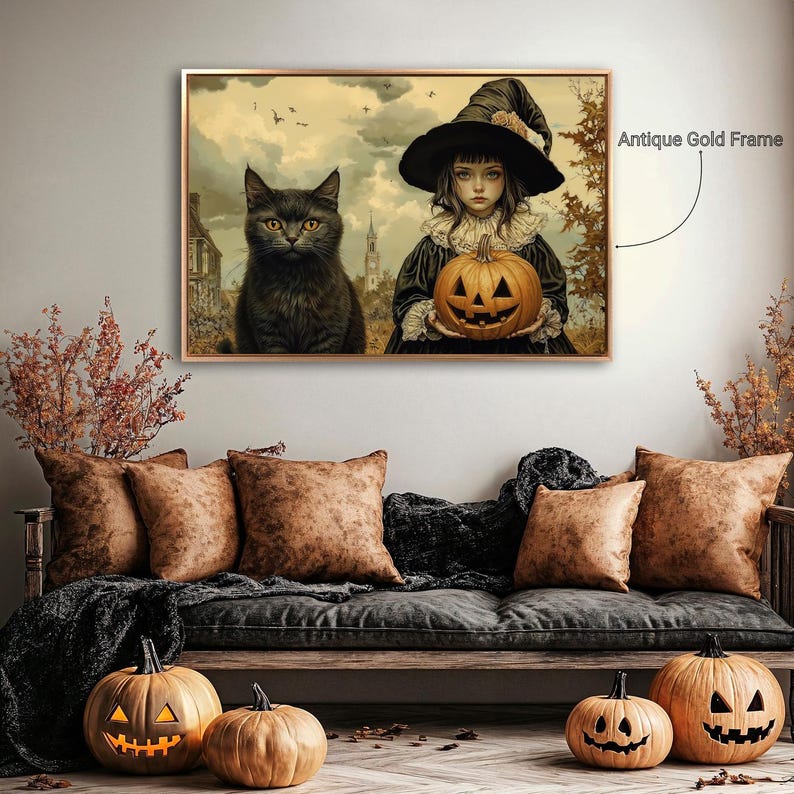 Halloween Witch and Black Cat Framed Canvas Wall Art Eerie Pumpkin ...