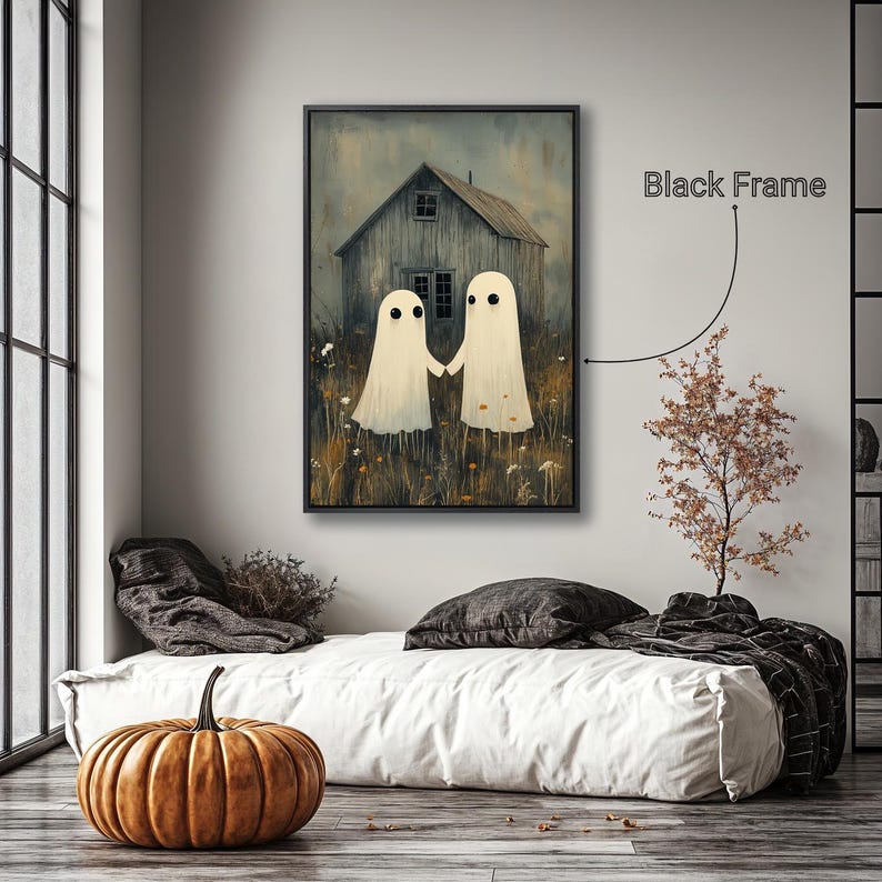 Cute Spooky Ghosts in Field Framed Canvas Wall Art Autumn Haunted ...