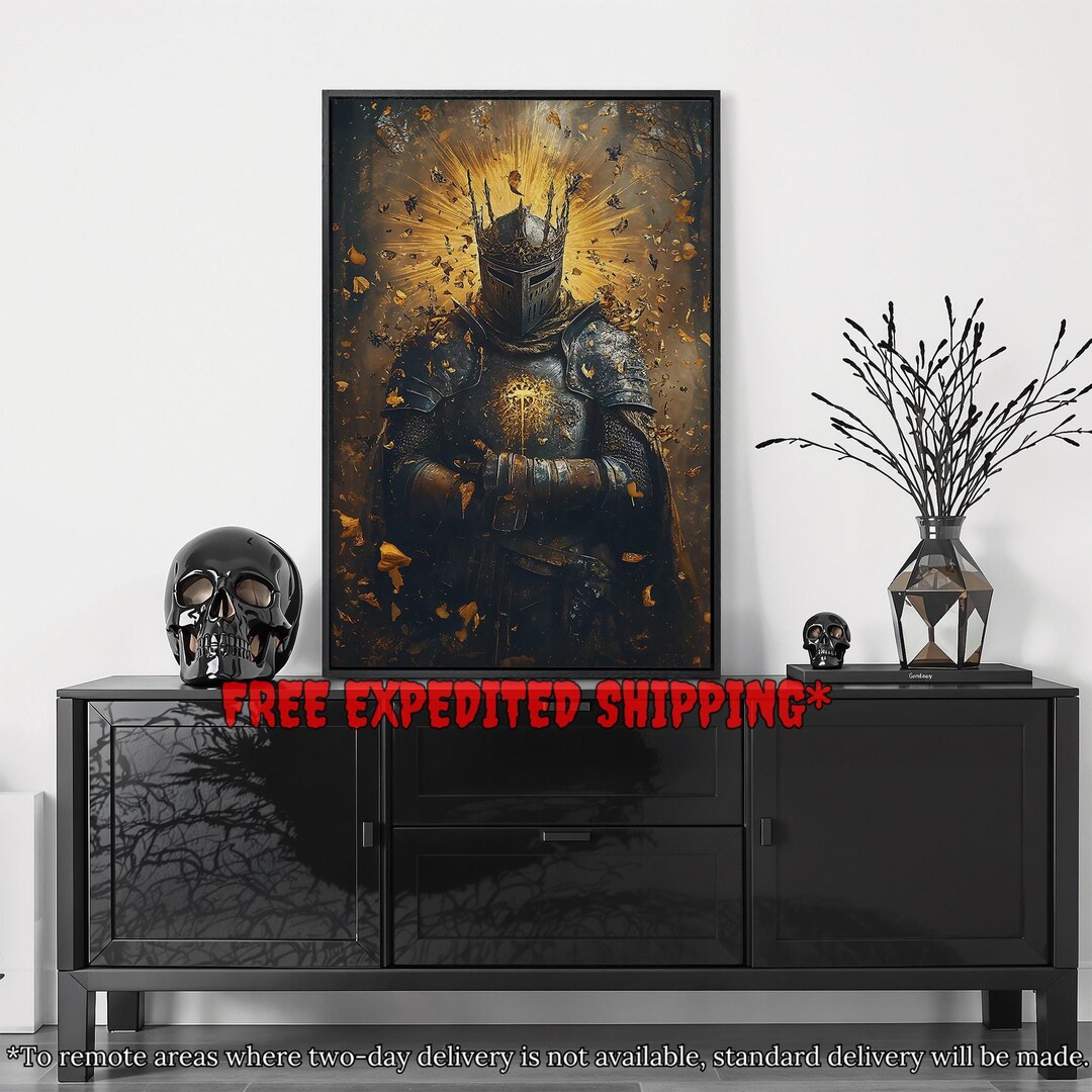 Regal Knight in Armor Framed Canvas Wall Art Golden Leaves Painting ...