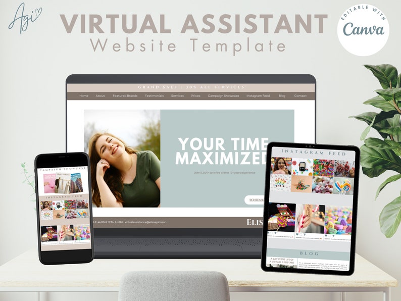 One Page Website Template for Virtual Assistants, Canva Template for Virtual Assistants, Virtual ...