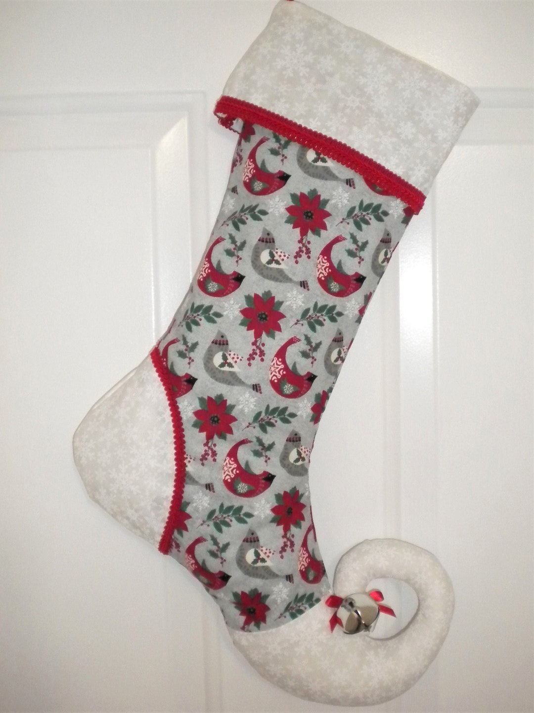 Curly Elf Toe Christmas Stocking With Birds in Gray and Red - Etsy
