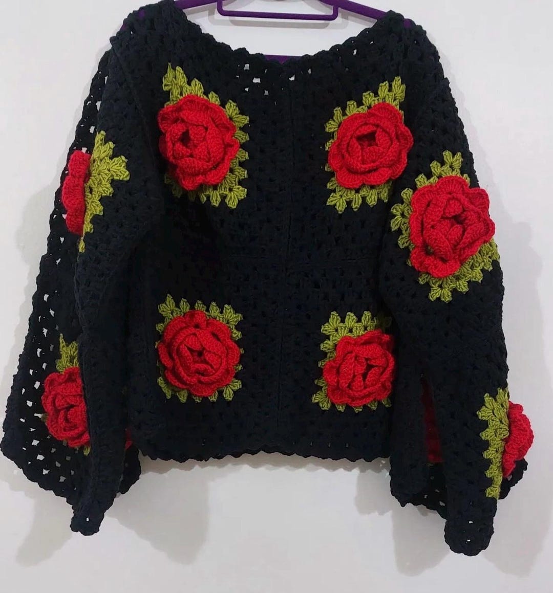 Crochet Jumbo Rose Cardigan, Black Granny Square Cardigan ,crochet Rose ...