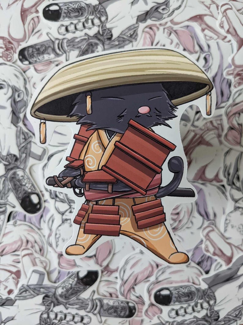 Samurai Cat Sticker, Cute, Illustrated, Vinyl, Hand Drawn, Gift, Nerdy ...