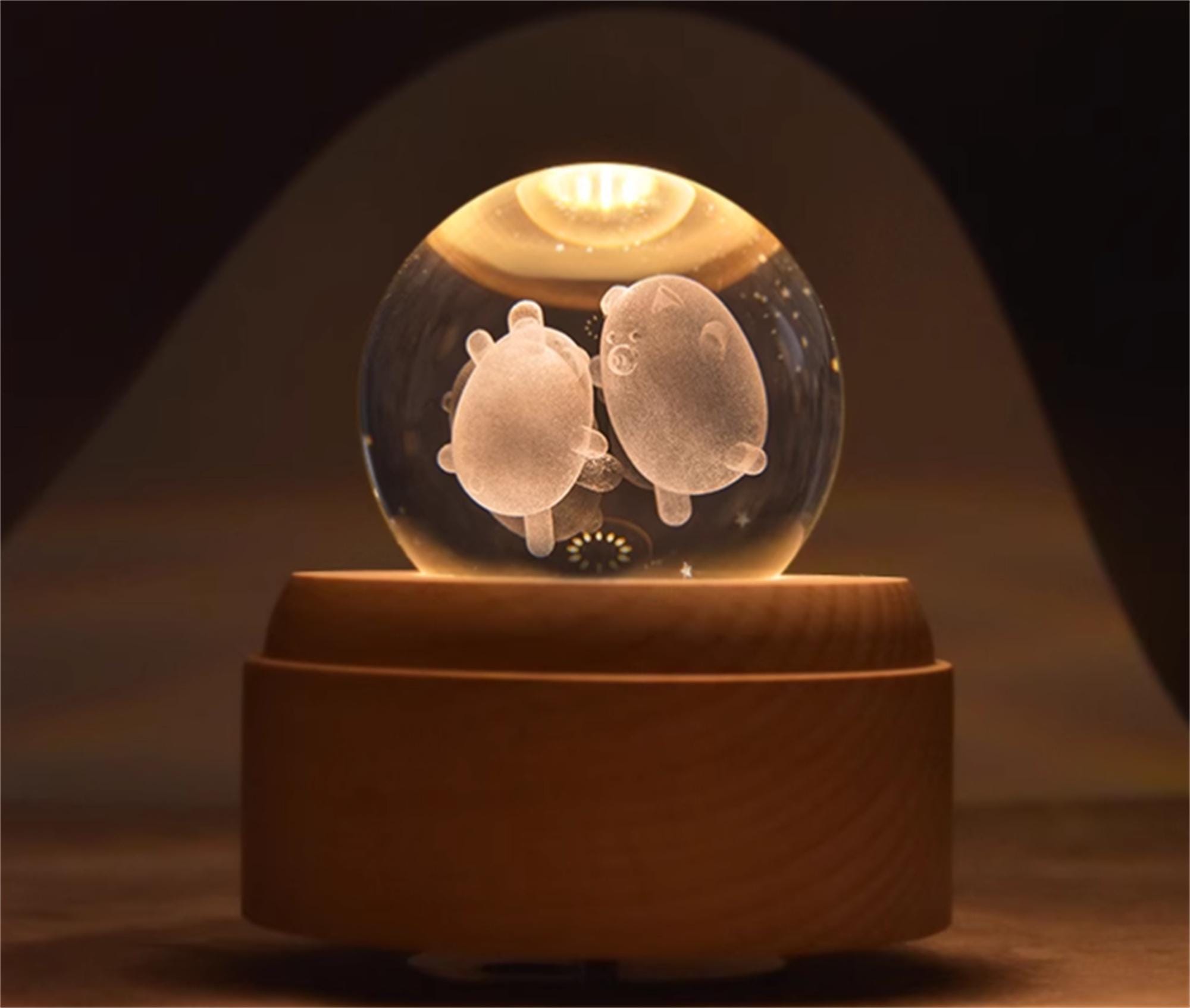 3D Crystal Ball Music Box, Rotating Wooden Base, Pig Ornament - Etsy