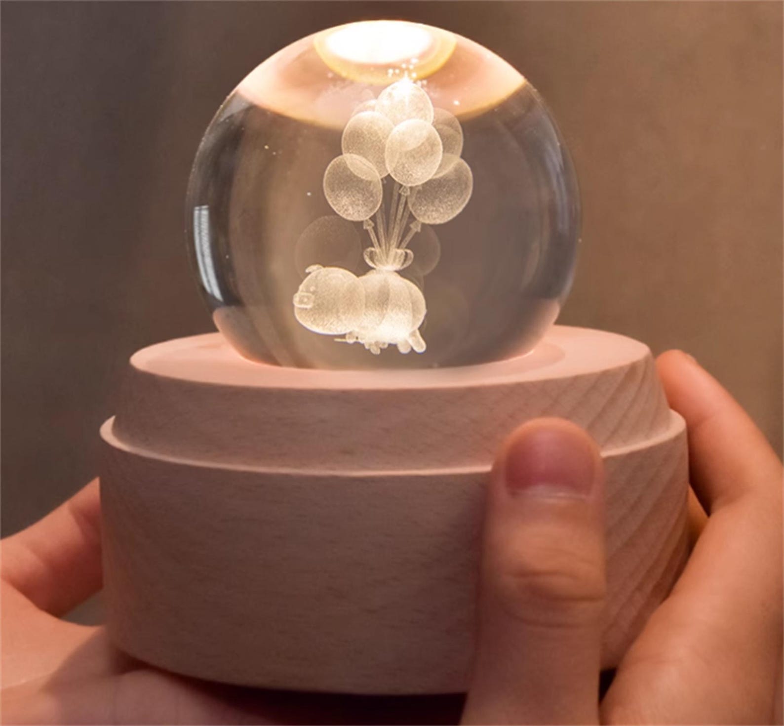 3D Crystal Ball Music Box, Rotating Wooden Base, Pig Ornament - Etsy