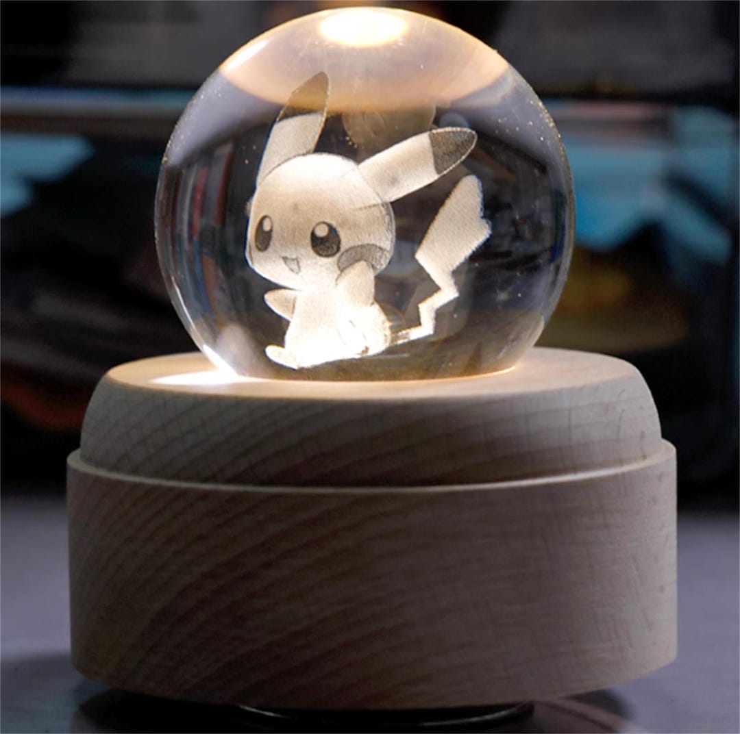 Pikachu Crystal Ball Music Box, Rotating LED Light, Wooden Base - Etsy UK