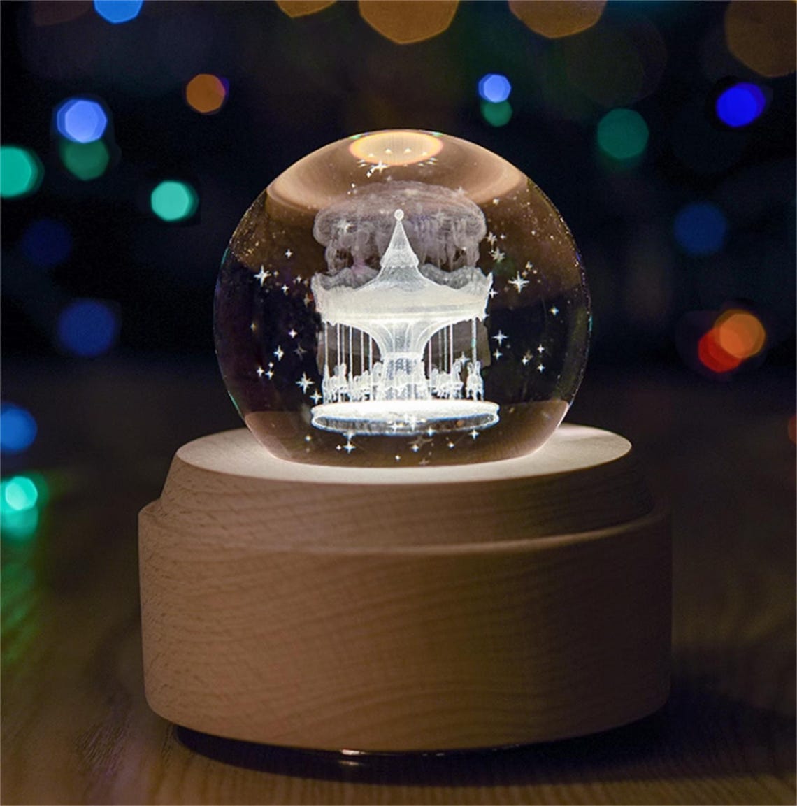 Carousel Crystal Ball Music Box Gift-wooden Base Rotating Music Box ...