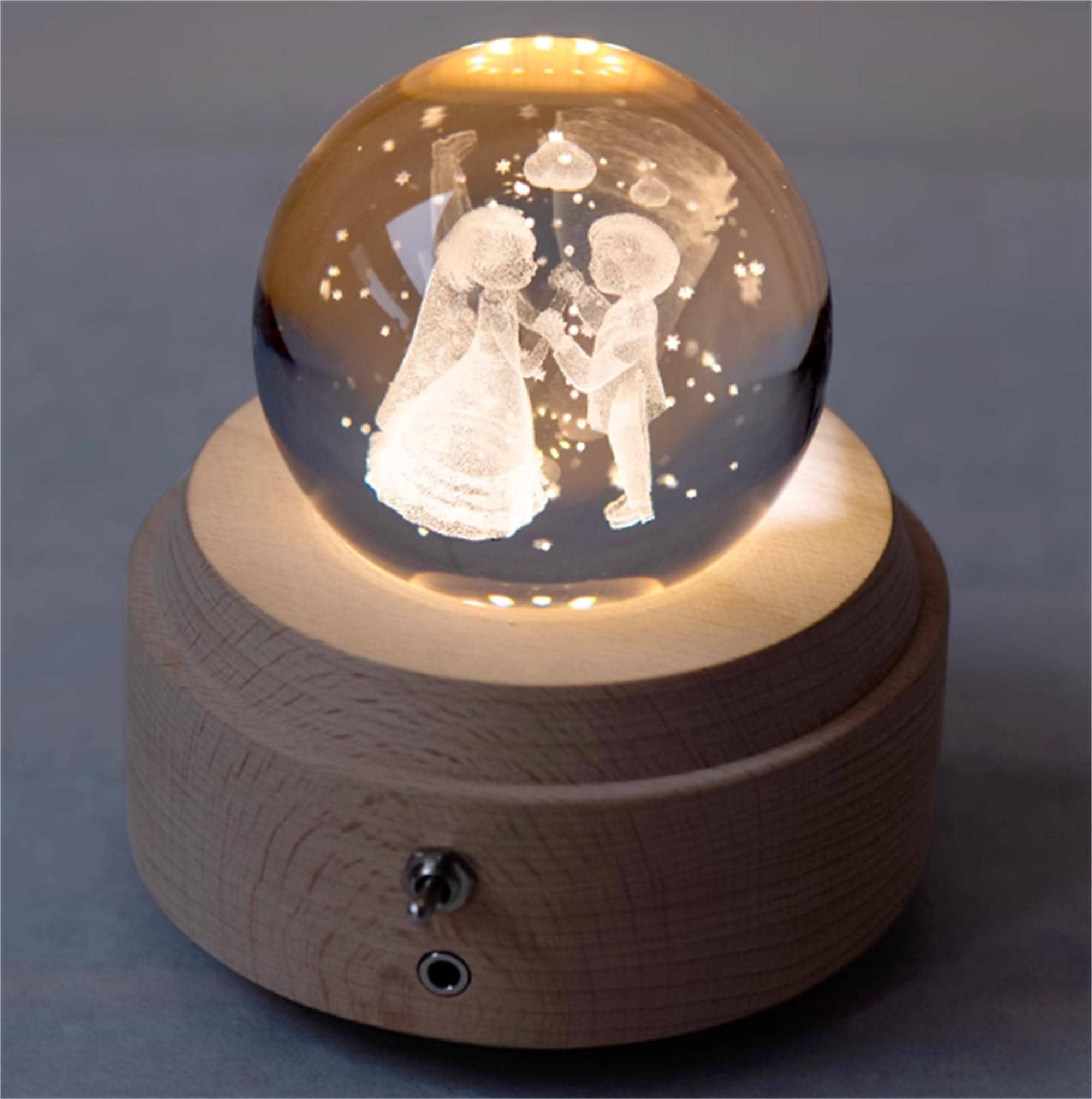 Crystal Ball Music Box LED Projection Music Rotating Wooden Seat Night ...