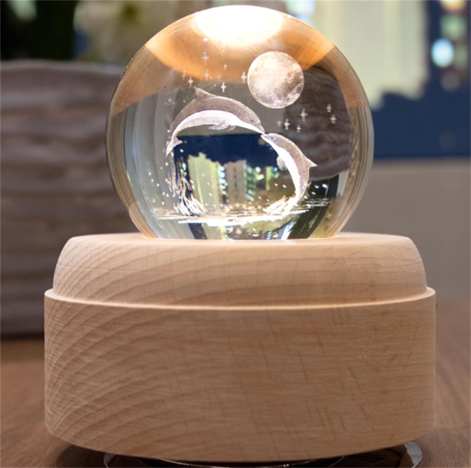 Dreamy Dolphin Crystal Ball Music Box, Rotating Music Box, Wooden Base ...