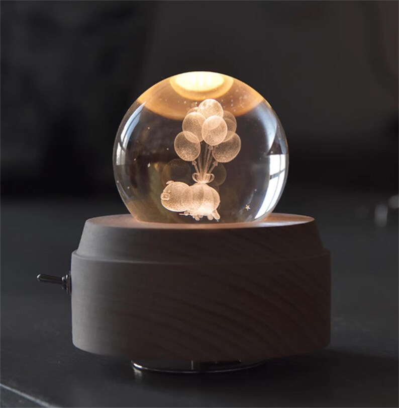 3D Crystal Ball Music Box With Projection LED Light and Rotating Wooden ...