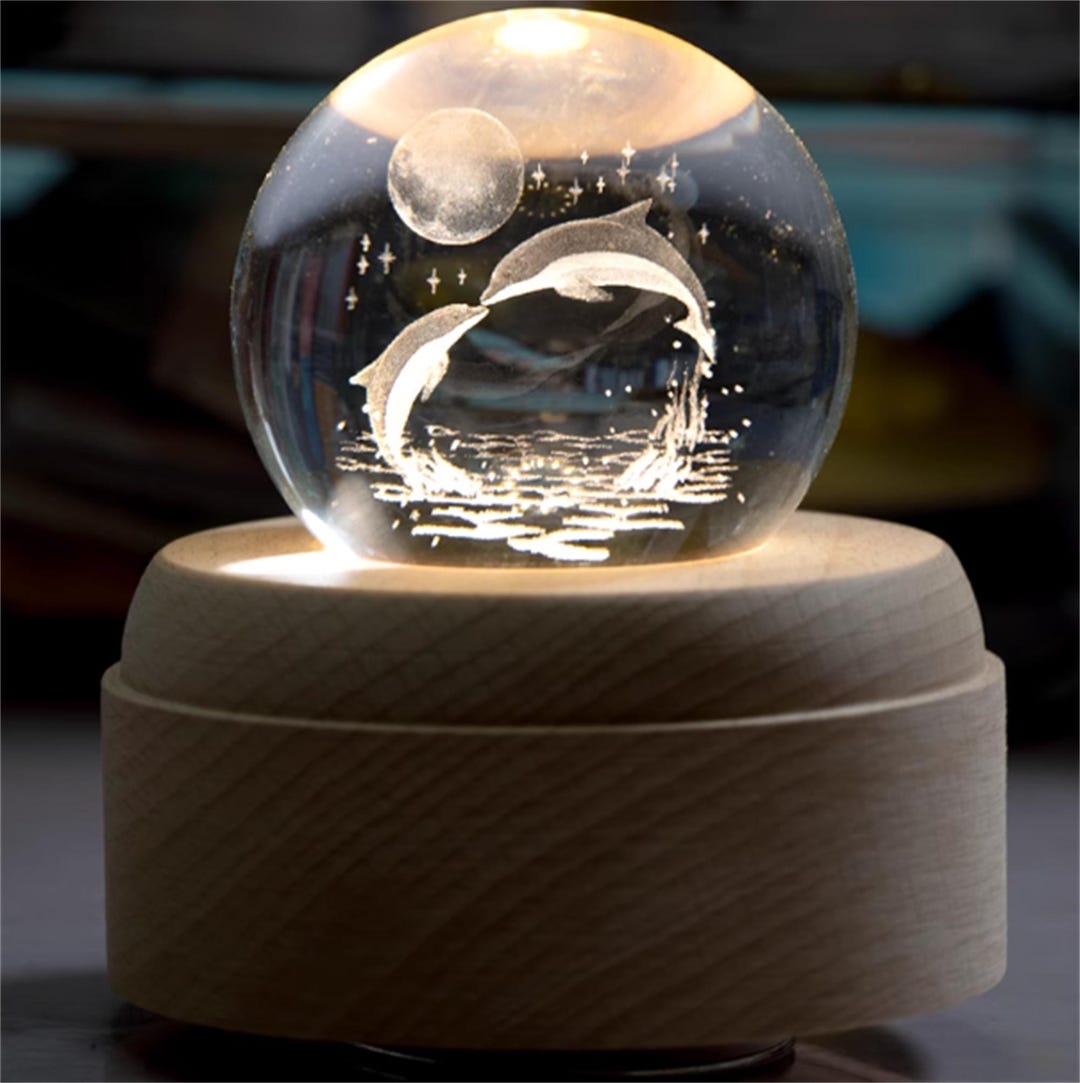 Dreamy Dolphin Crystal Ball Music Box, Rotating Music Box, Wooden Base ...