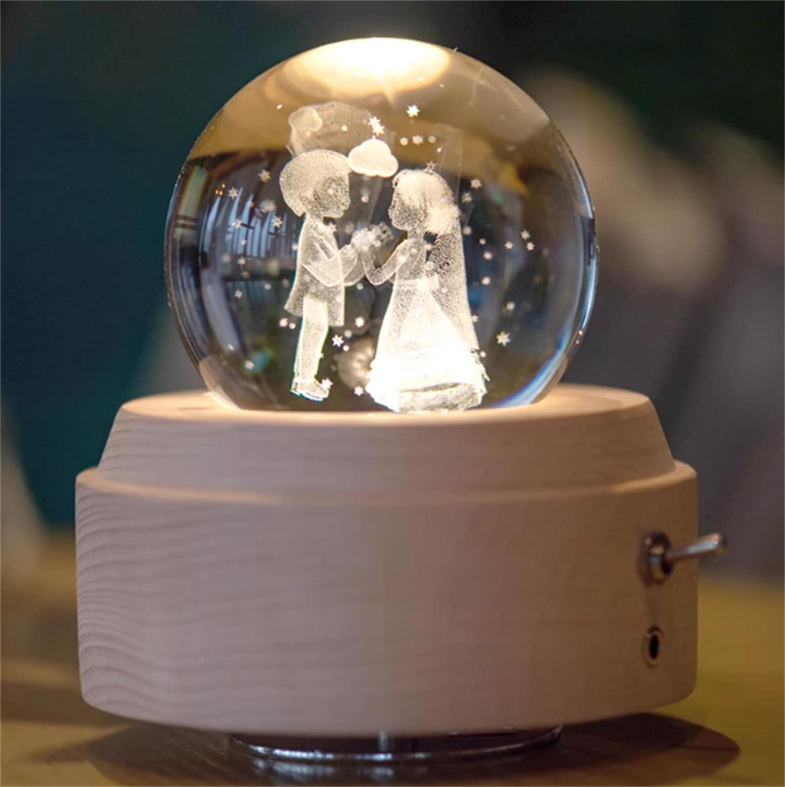 Crystal Ball Music Box LED Projection Music Rotating Wooden Seat Night ...