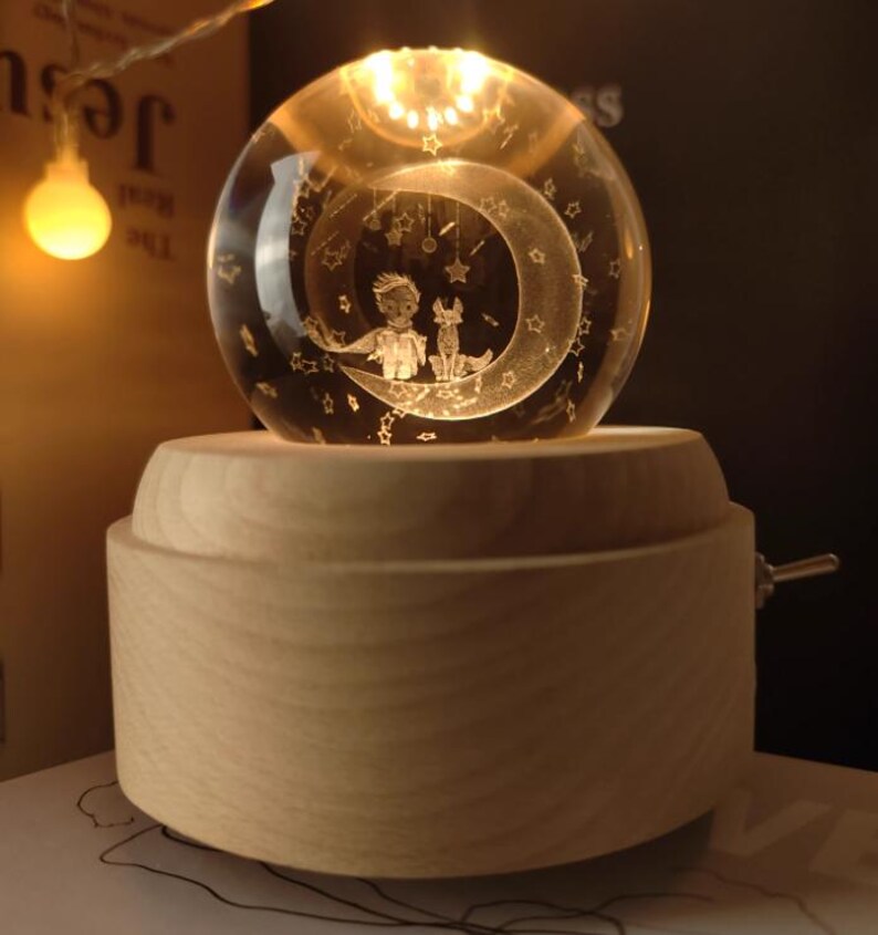Rotating Crystal Ball Music Box: Wooden Base, LED Night Light - Etsy