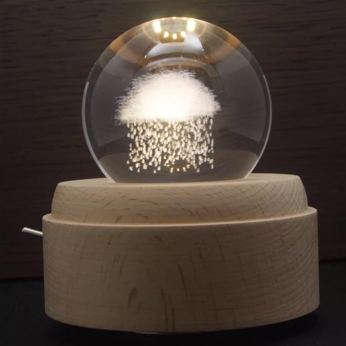 3D Crystal Ball Music Box, Rotating Wooden Base, LED Projection Light ...
