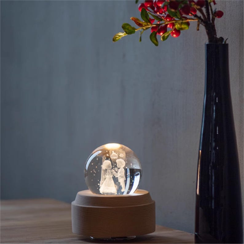 Crystal Ball Music Box LED Projection Music Rotating Wooden Seat Night ...