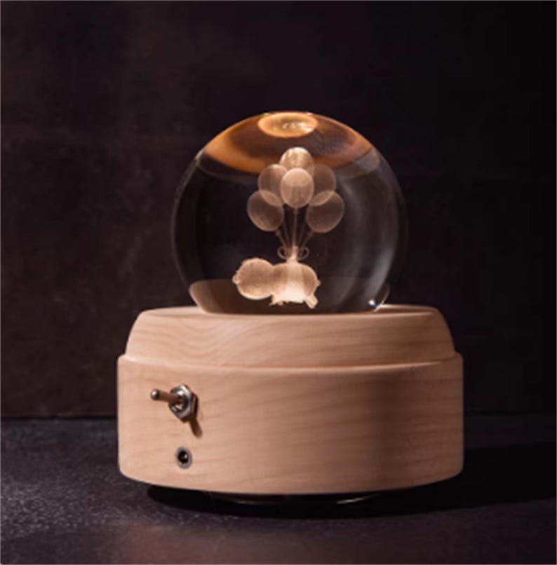 3D Crystal Ball Music Box, Rotating Wooden Base, Pig Ornament - Etsy
