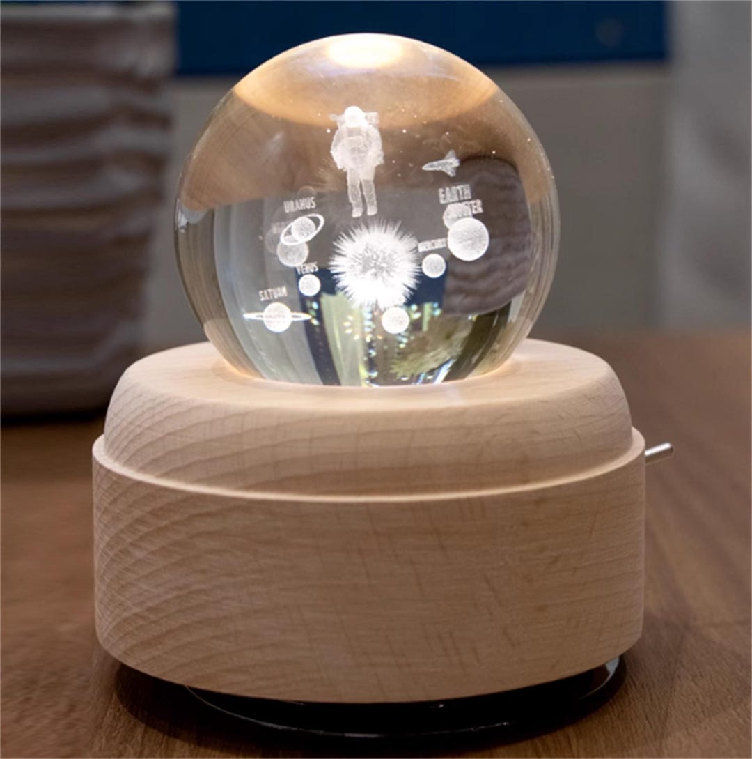 Crystal Ball Astronaut Music Box - LED Projection Rotating Wooden Base ...
