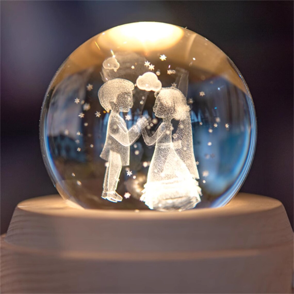 Crystal Ball Music Box LED Projection Music Rotating Wooden Seat Night ...