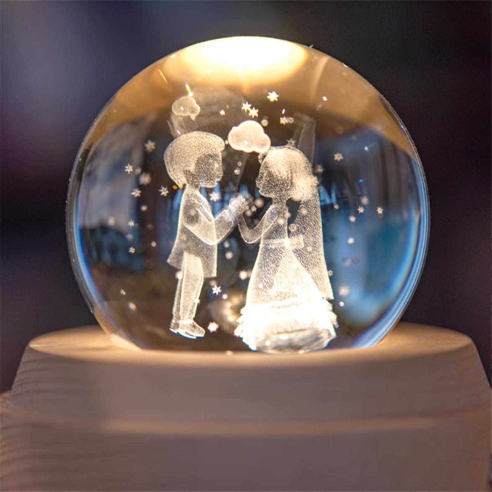 Crystal Ball Music Box LED Projection Music Rotating Wooden Seat Night ...