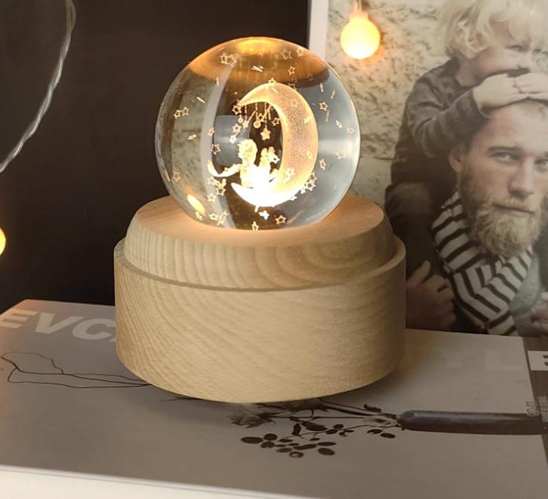 Rotating Crystal Ball Music Box: Wooden Base, LED Night Light - Etsy