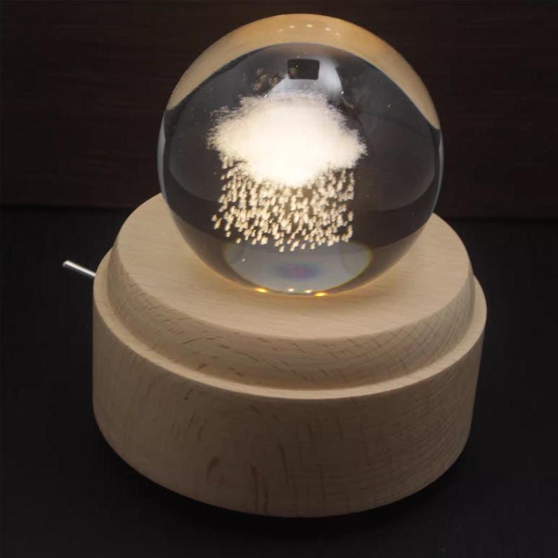3D Crystal Ball Music Box, Rotating Wooden Base, LED Projection Light ...