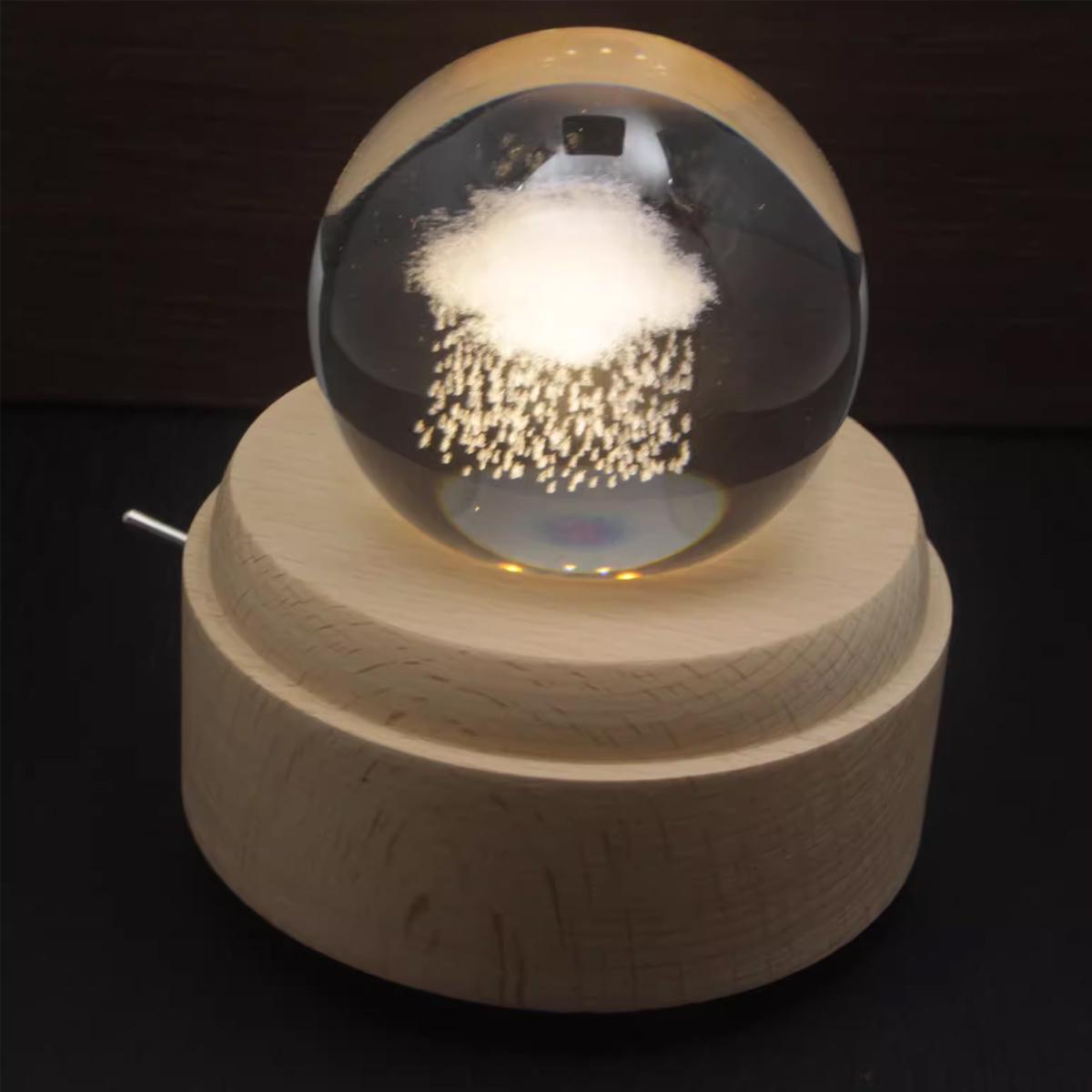 3D Crystal Ball Music Box, Rotating Wooden Base, LED Projection Light ...