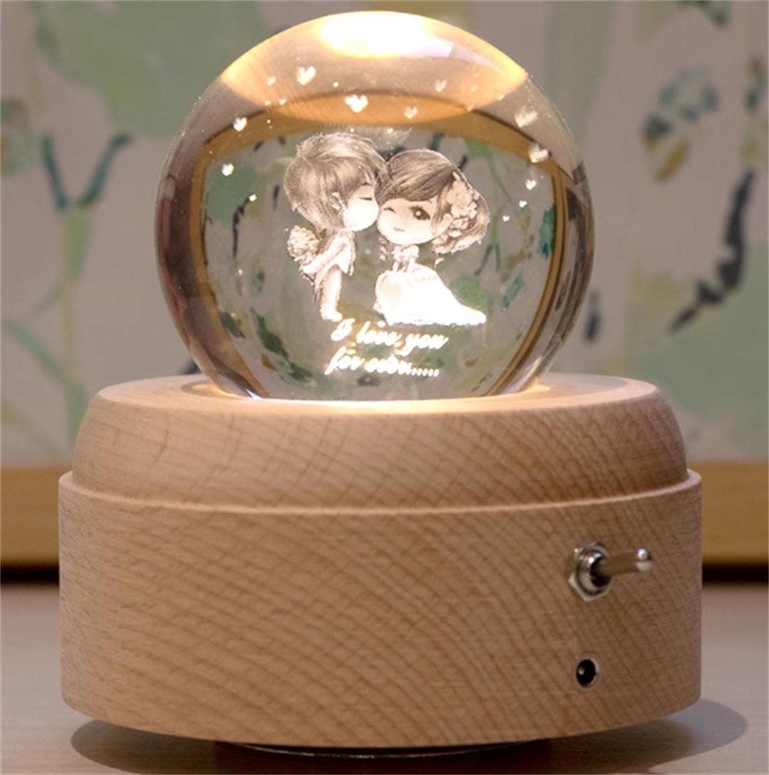 3D Crystal Ball Music Box Rotating Wooden Base Music Box for Wedding ...