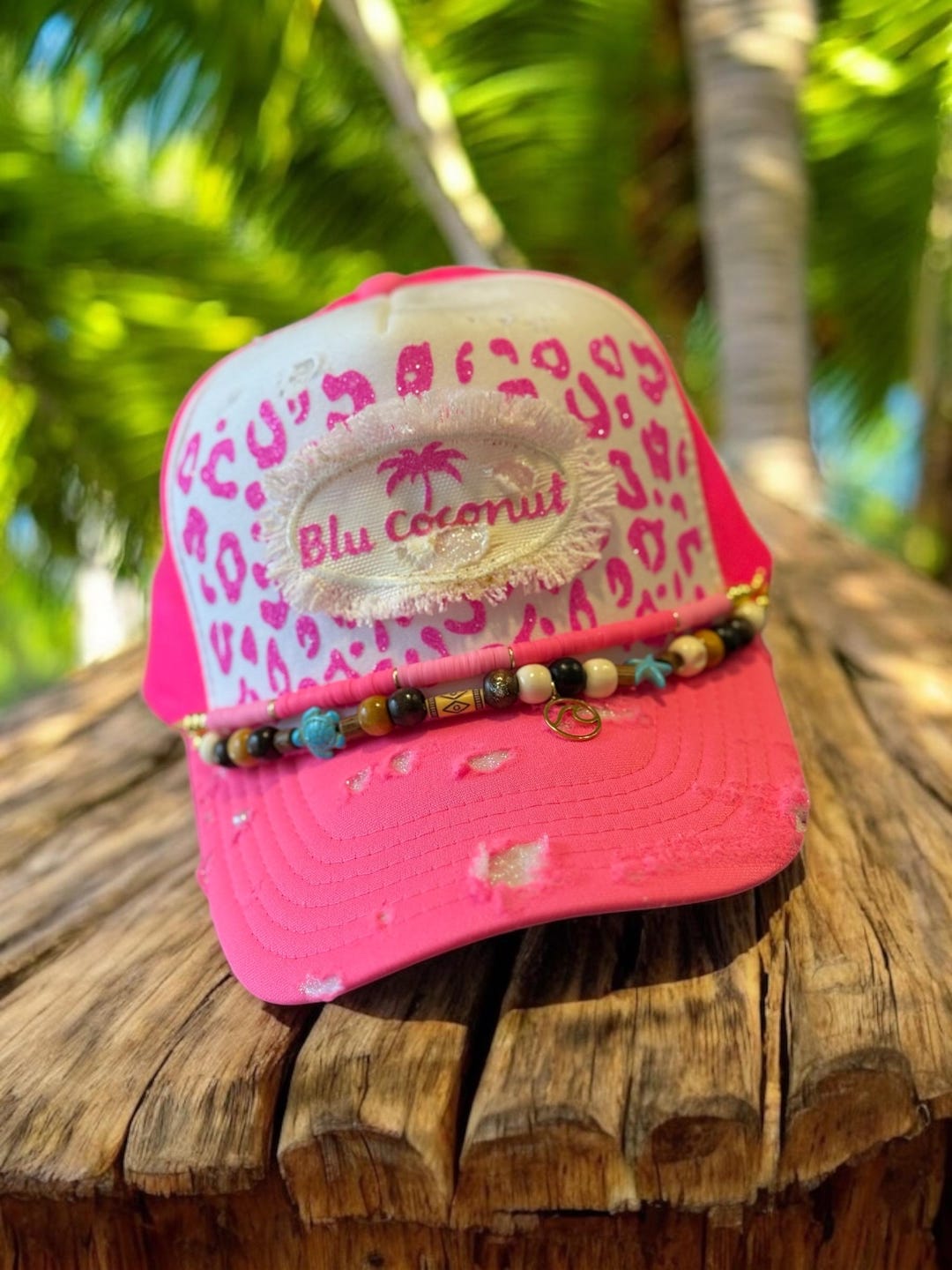 Neon Pink Blu Coconut Distressed Trucker Hat With Leopard and Matching ...