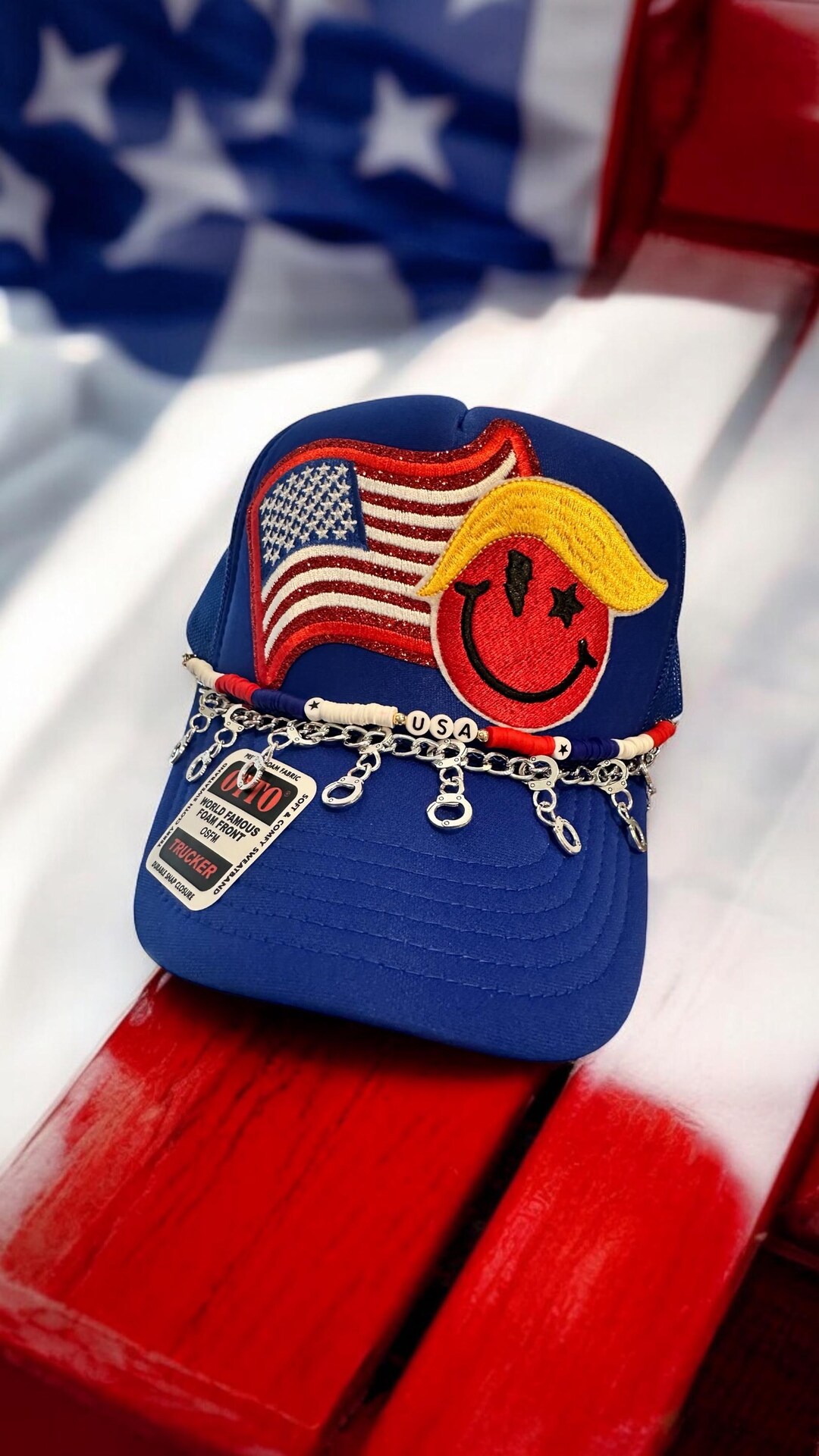 MAGA Trump Trucker Hat With LOTS of Bling American Flag Smiley Face ...