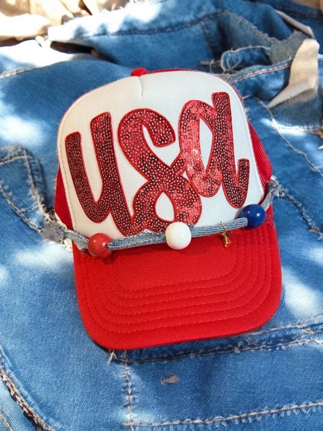 Red and White USA Trucker Hat With Sequins Patch and Denim Chain. - Etsy