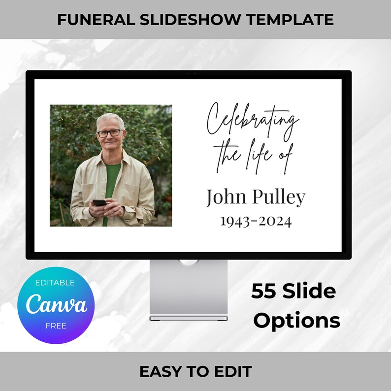 White Funeral Canva Template Men: Editable Memorial Slideshow, Digital ...