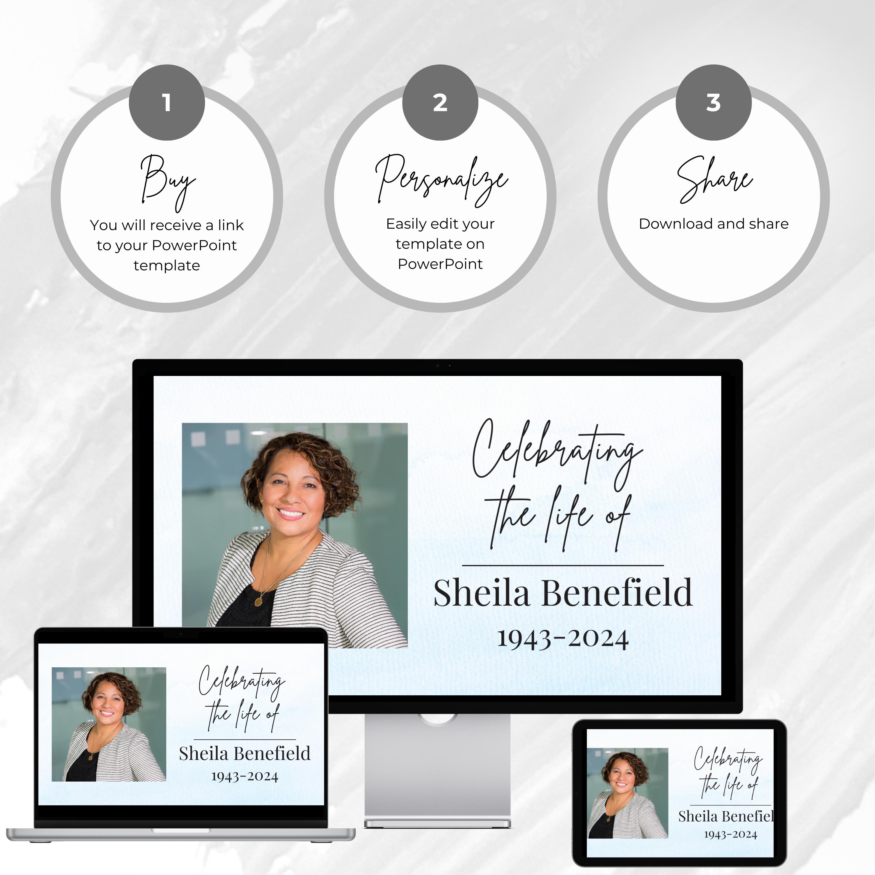 Blue Funeral Powerpoint Template for Women: Editable Memorial Photo ...