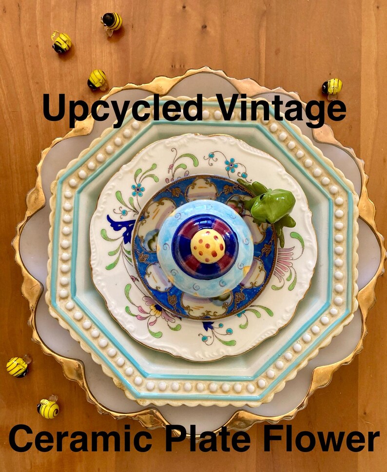 VINTAGE 6 Piece Upcycled PLATE FLOWER W/green Frog Ceramic China Home ...