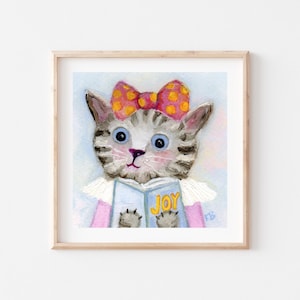 Girl Cat Reading Book Oil Painting Print, Colorful Cat Art, Nursery Cat ...
