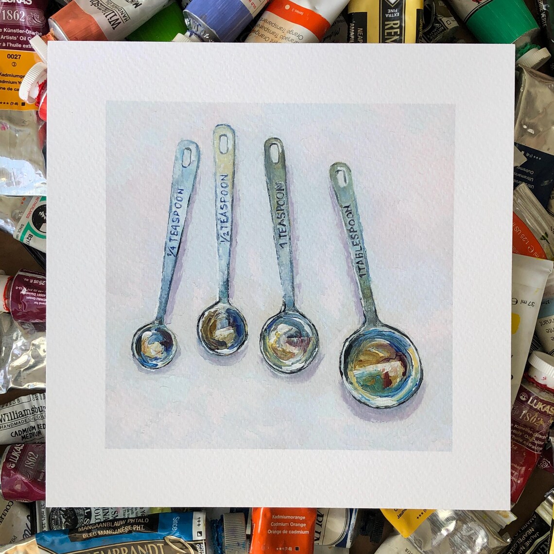 Silver Measuring Spoons Oil Painting Giclée Art Print 6x6 Image Baking ...