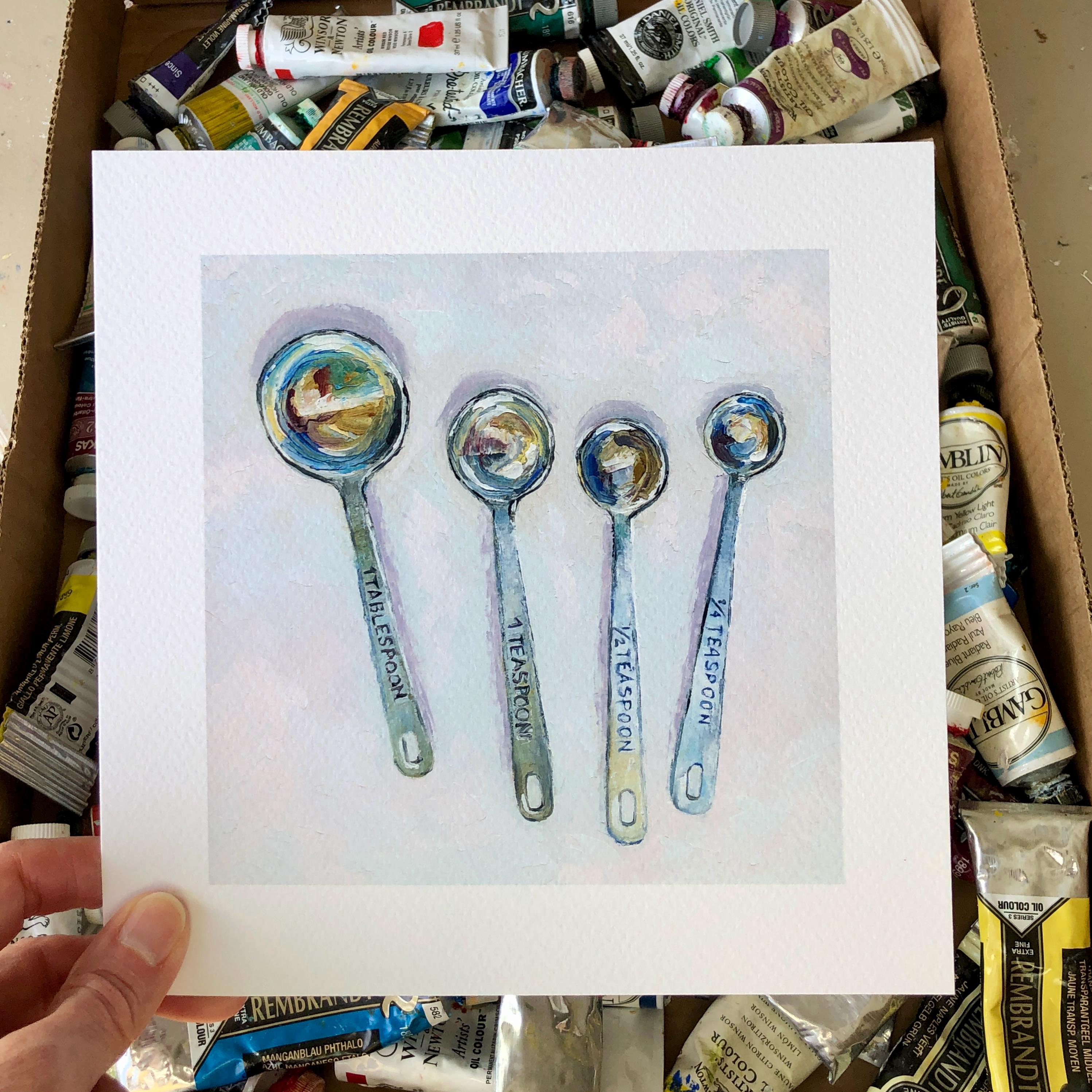 Silver Measuring Spoons Oil Painting Giclée Art Print 6x6 Image Baking ...